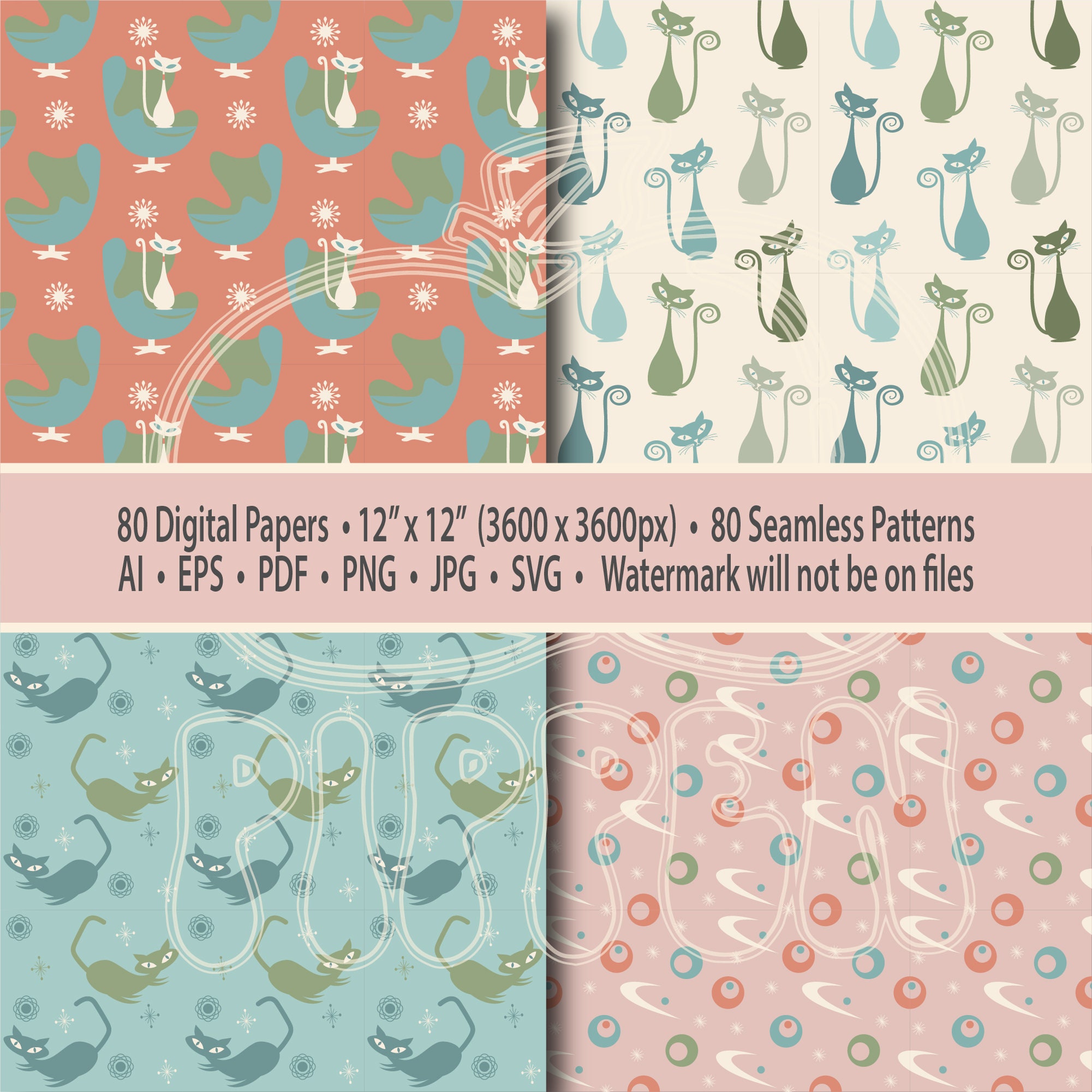 Atomic Cat Patterns SVG Bundle Mid Century Modern Seamless Digital ...