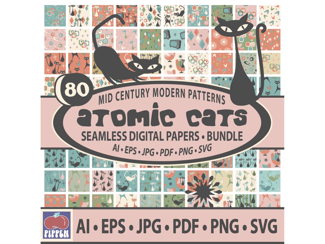 Atomic Cat Patterns SVG Bundle Mid Century Modern Seamless Digital ...