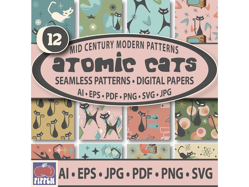 Atomic Cat Seamless Pattern SVG Mid Century Modern Digital Paper ...