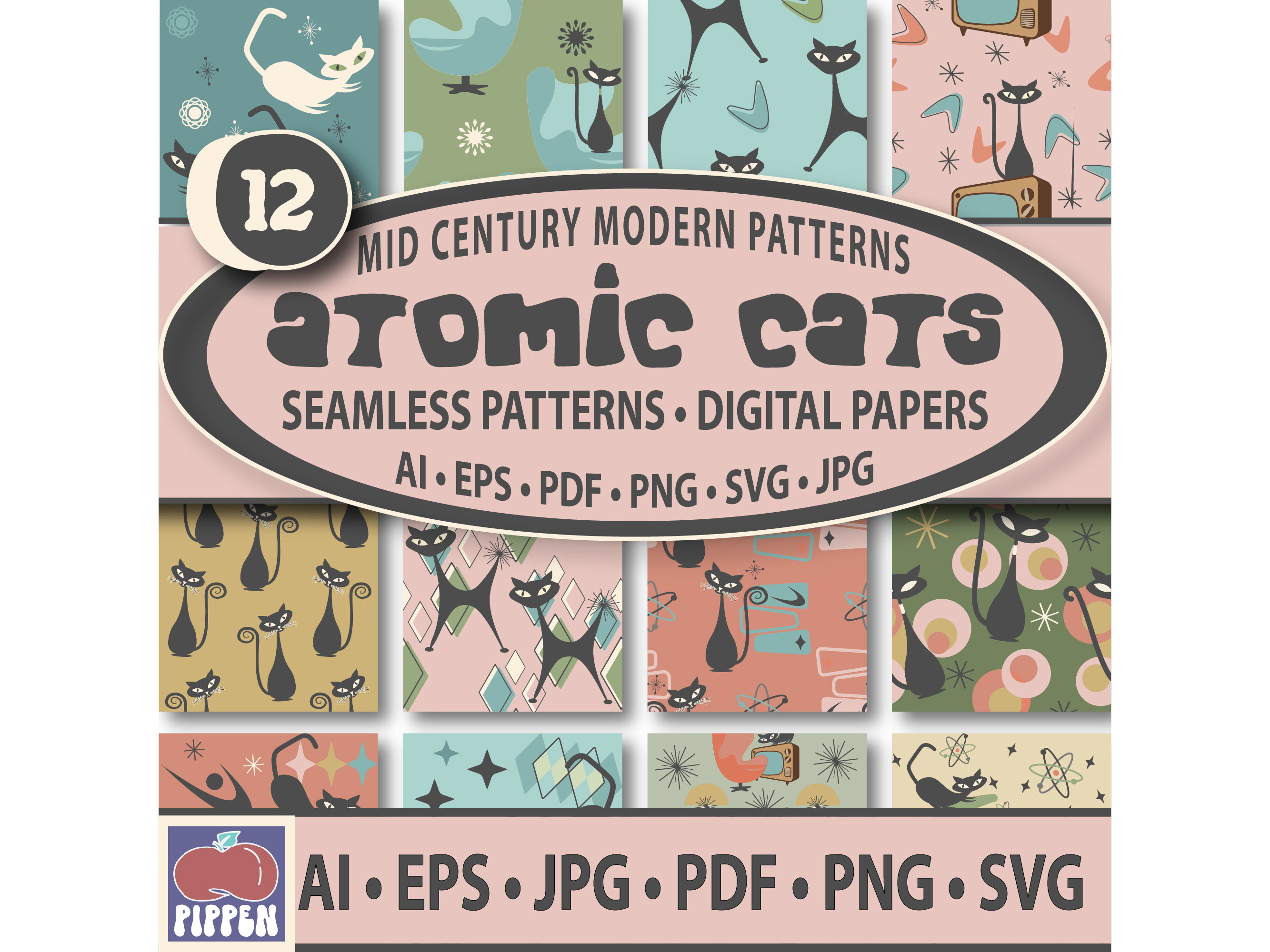 Atomic Cat Seamless Pattern SVG Mid Century Modern Digital Paper ...