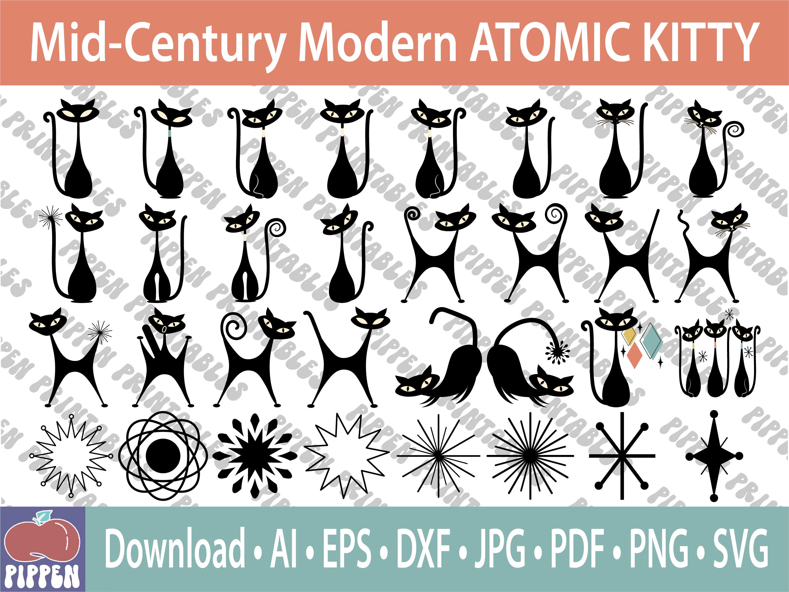 Atomic Cat SVG, Atomic Cat PNG, Digital Download, Mid Century Modern ...