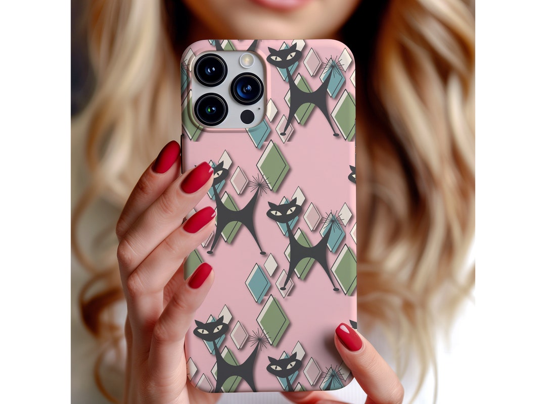 3D Retro Pink Atomic Cat Phone Cases iPhone 15 14 13 12 11 Pro Max Mini ...