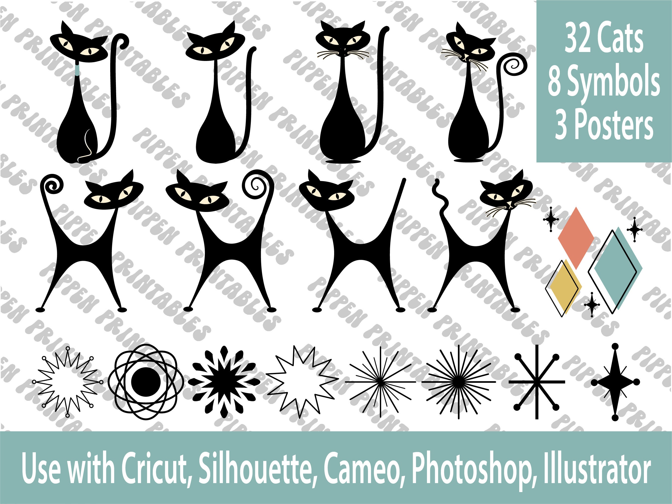 Atomic Cat SVG, Atomic Cat PNG, Digital Download, Mid Century Modern ...