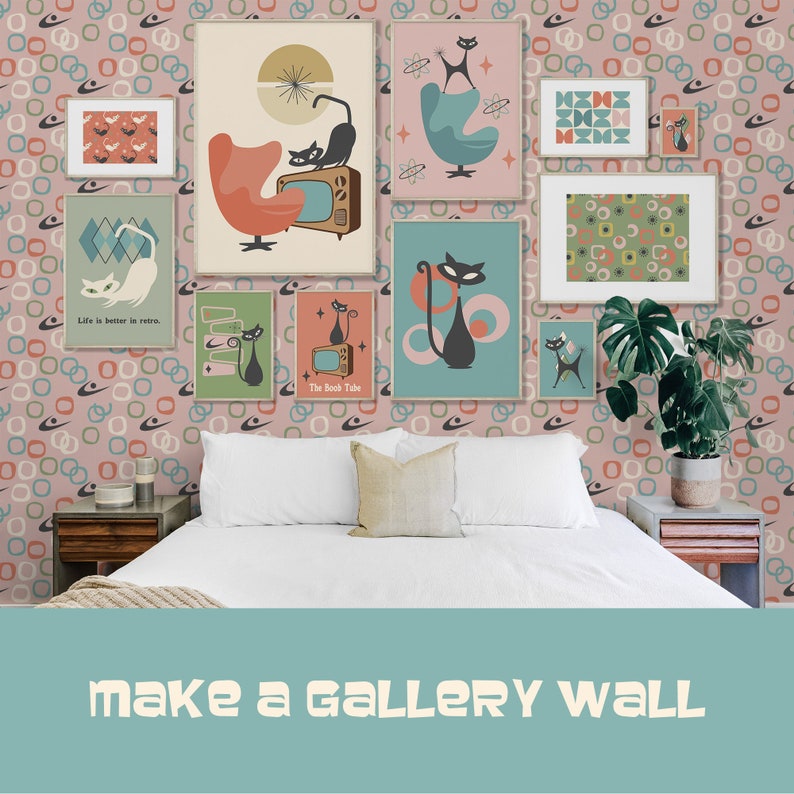 MCM Posters Atomic Cat Mid Century Modern Prints Set Wall Art Digital ...