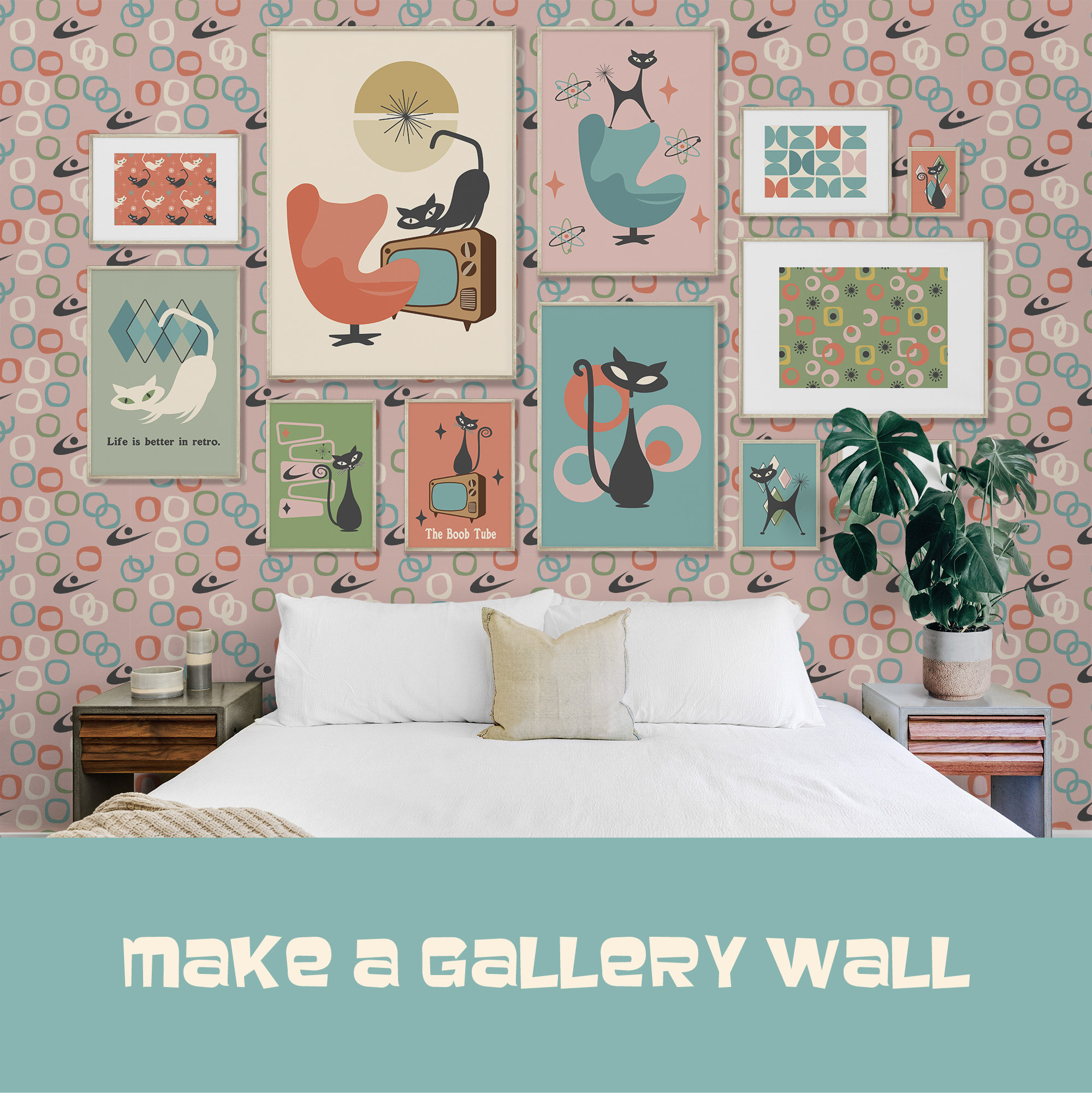 MCM Posters Atomic Cat Mid Century Modern Prints Set Wall Art Digital ...