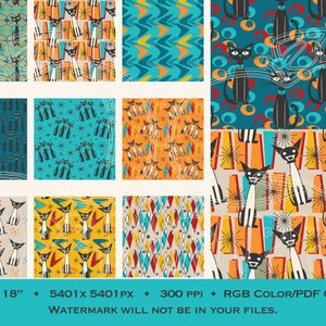 Atomic Dog Cat SVG Patterns Seamless Digital Paper Download Mid Century ...
