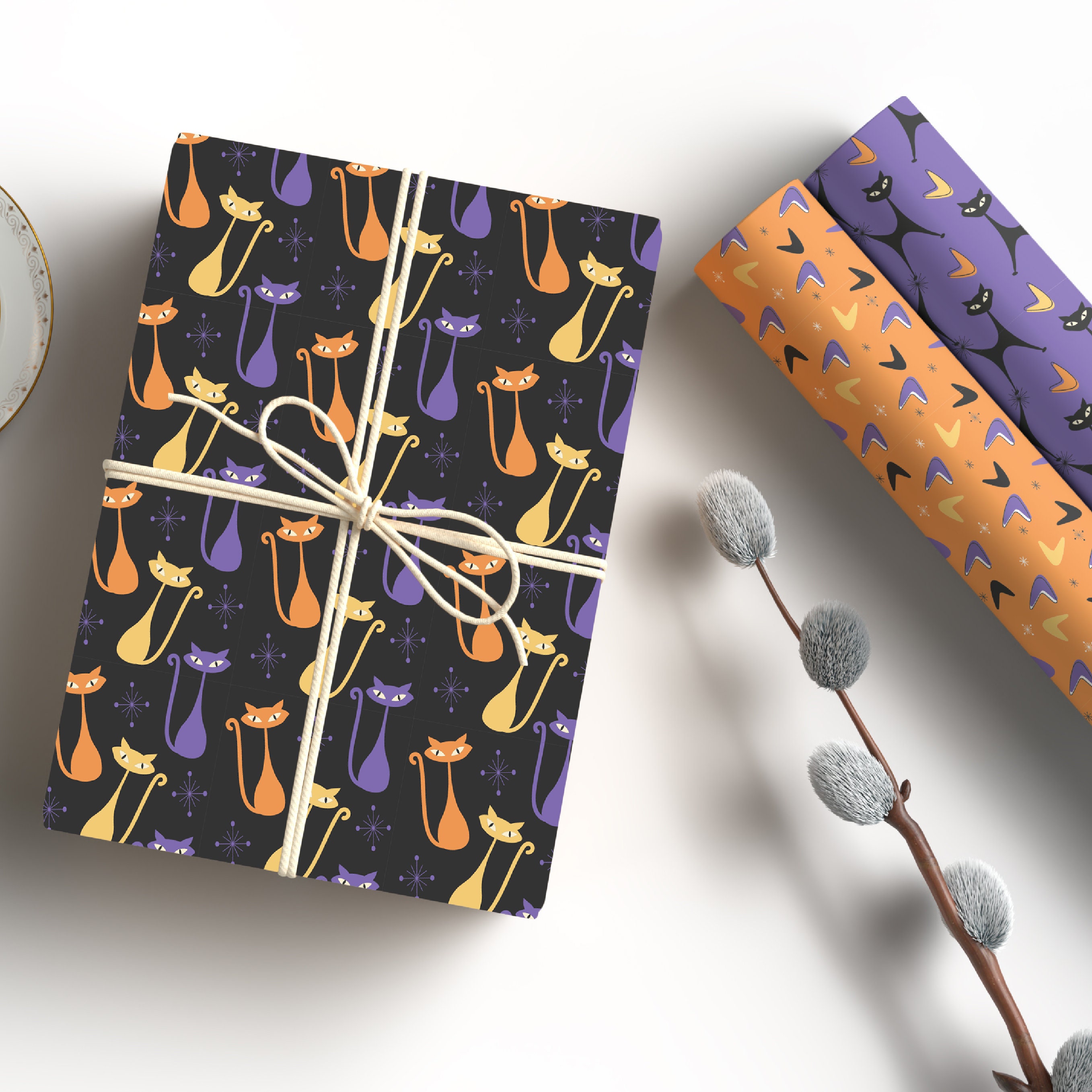 Atomic Cat Halloween Digital Paper Bundle, Black Cat Pattern, Halloween ...