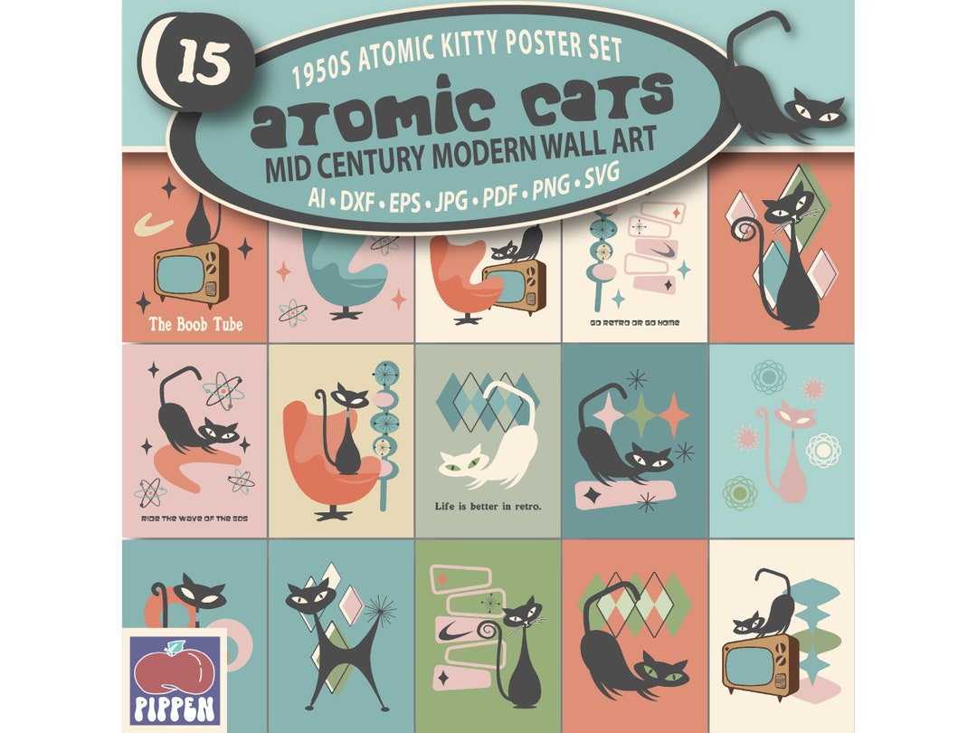 MCM Posters Atomic Cat Mid Century Modern Prints Set Wall Art Digital ...