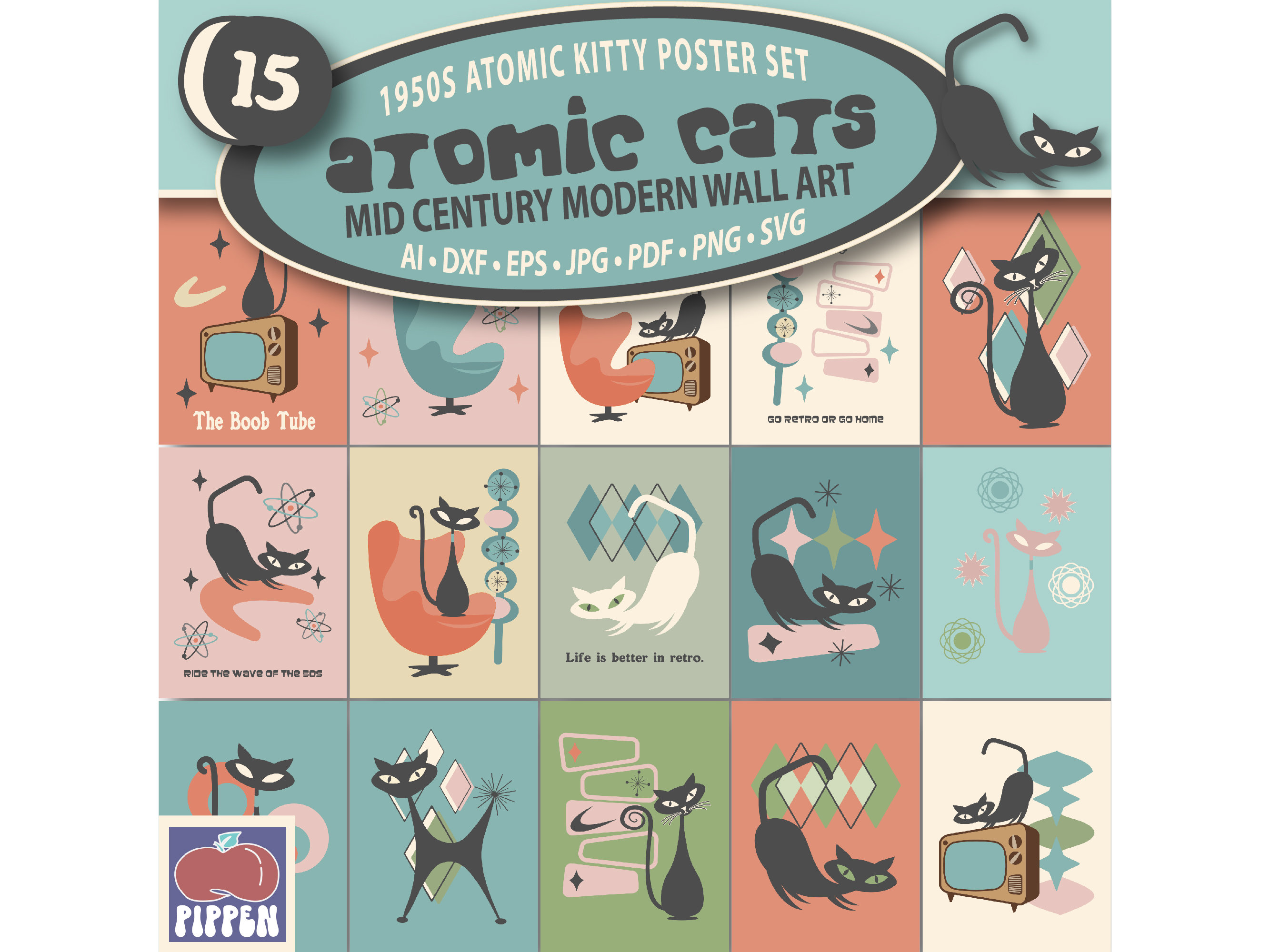MCM Posters Atomic Cat Mid Century Modern Prints Set Wall Art Digital ...