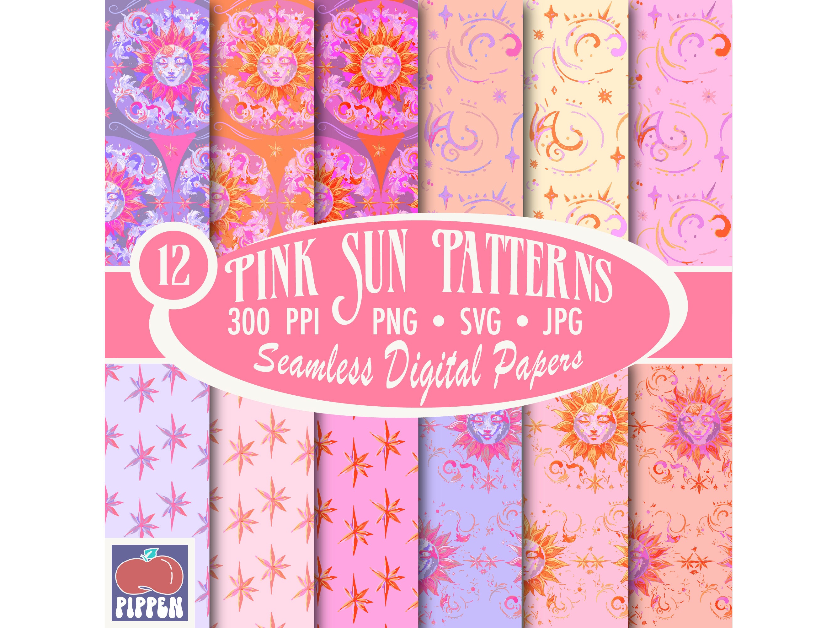 Pink Celestial Sun Digital Papers Set Seamless Patterns Sublimation ...