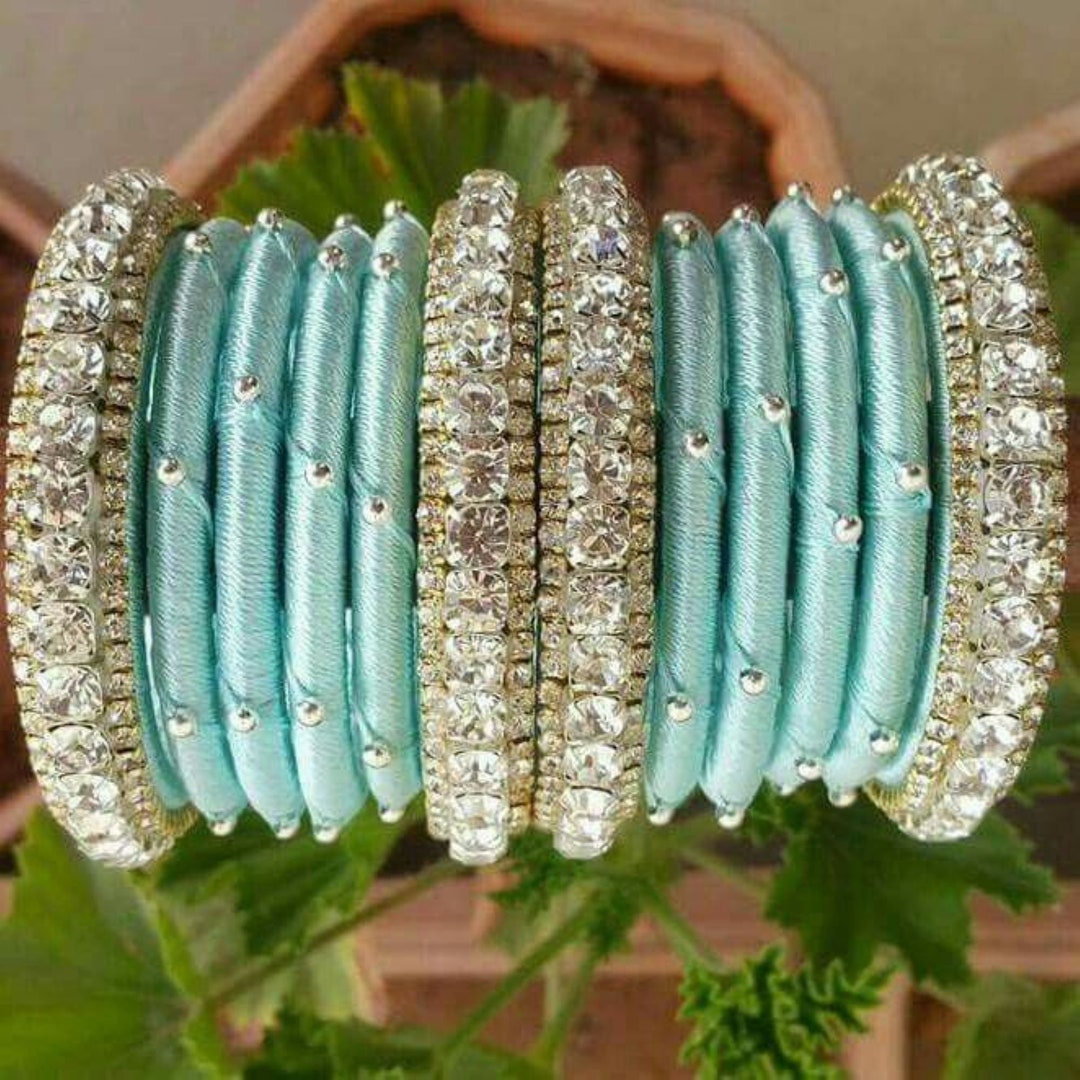 White Work With White Sky Blue Bangles Silk Thread Handmade Jewelry ...