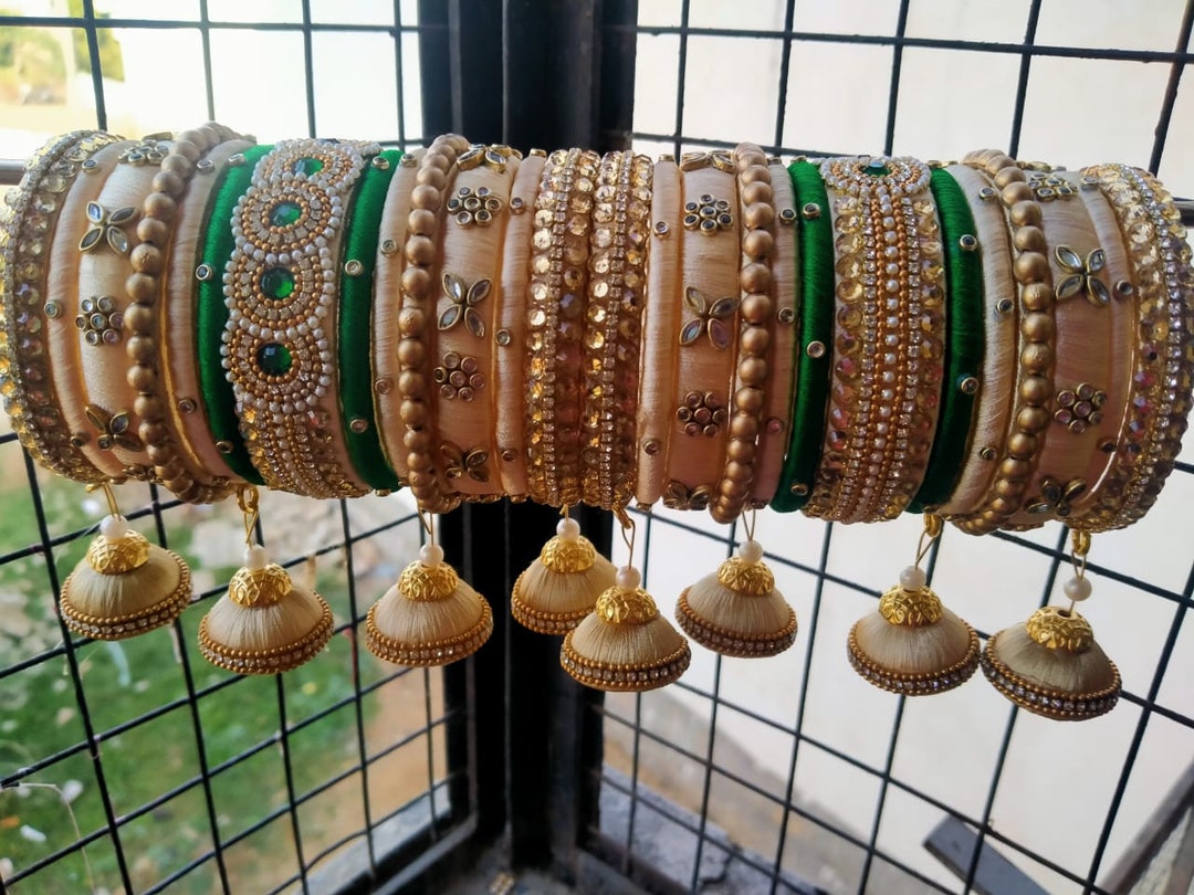 Green and Beige Color Silk Thread Bangles Handmade Wedding Jewelry ...