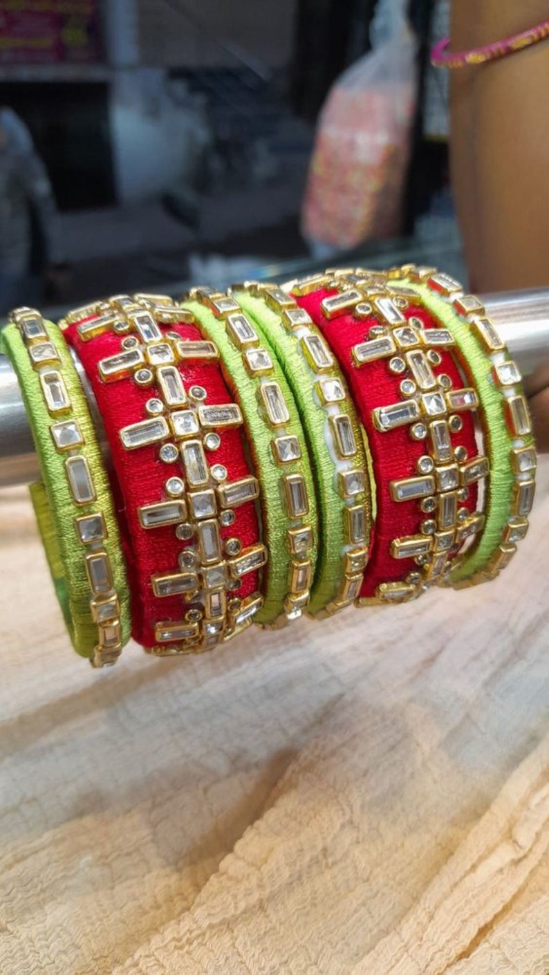 Red and Green Color Silk Thread Bangles Handmade Bangles - Etsy