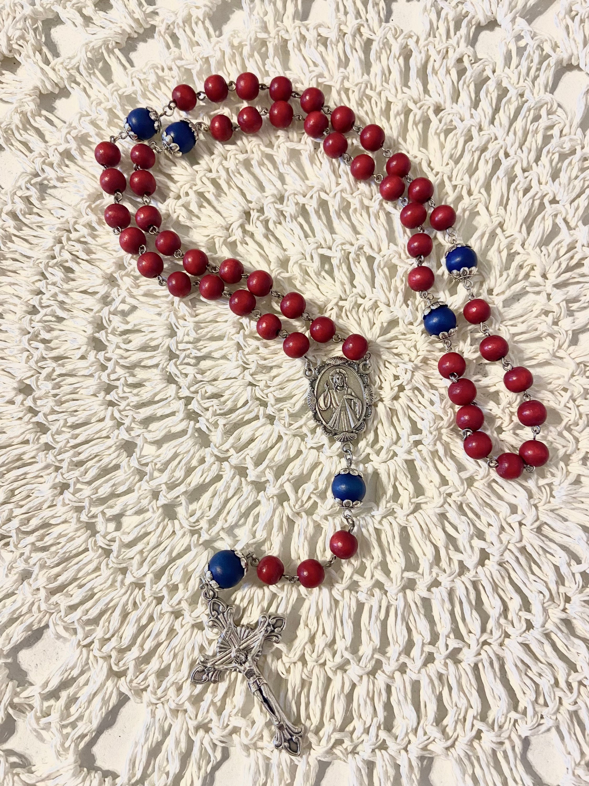 Wood Beaded Divine Mercy Chaplet Rosary Red and Blue Wood Beaded ...