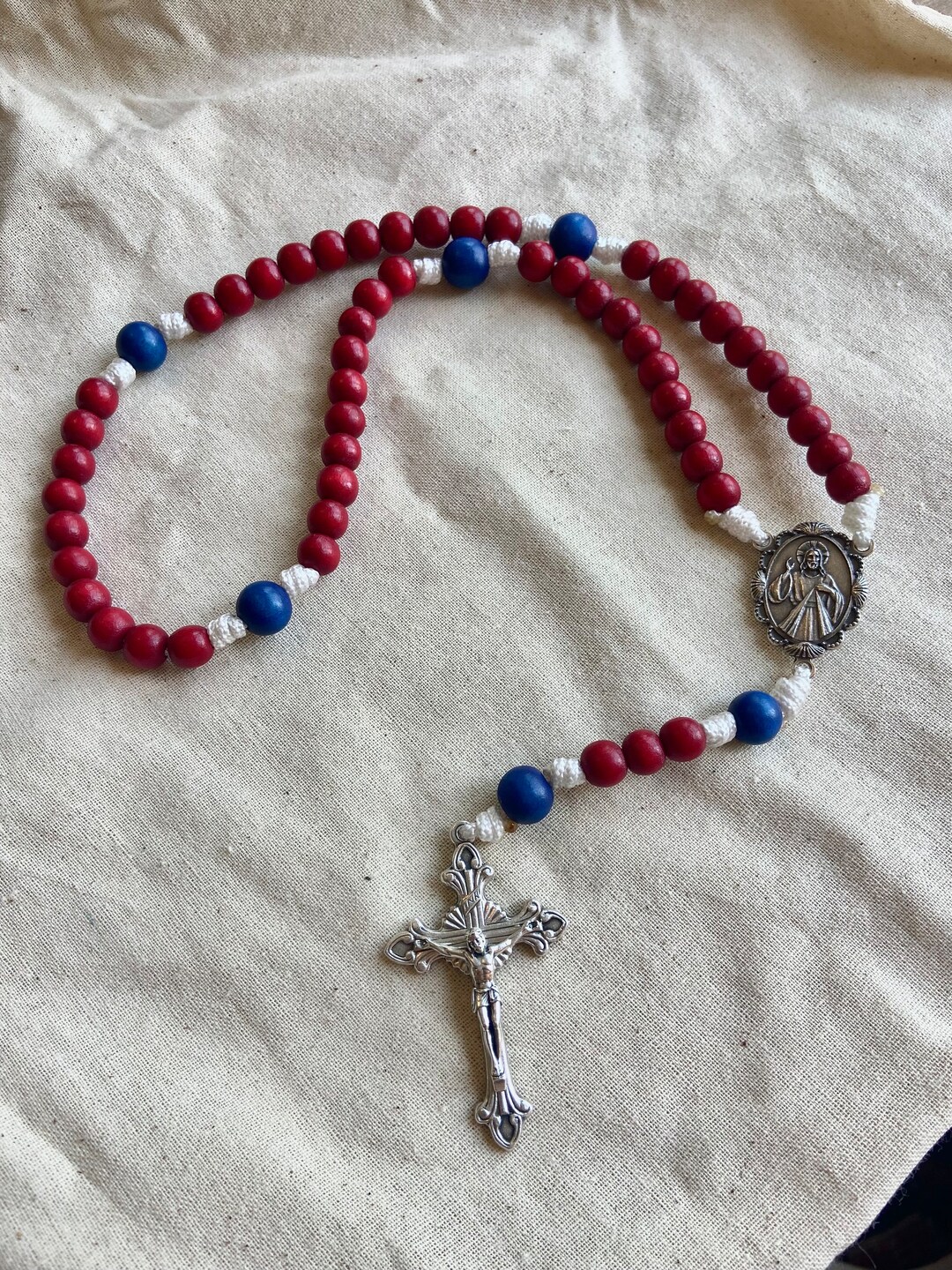 Wood Beaded Divine Mercy Chaplet | Rosary | Red and Blue Wood Beaded ...