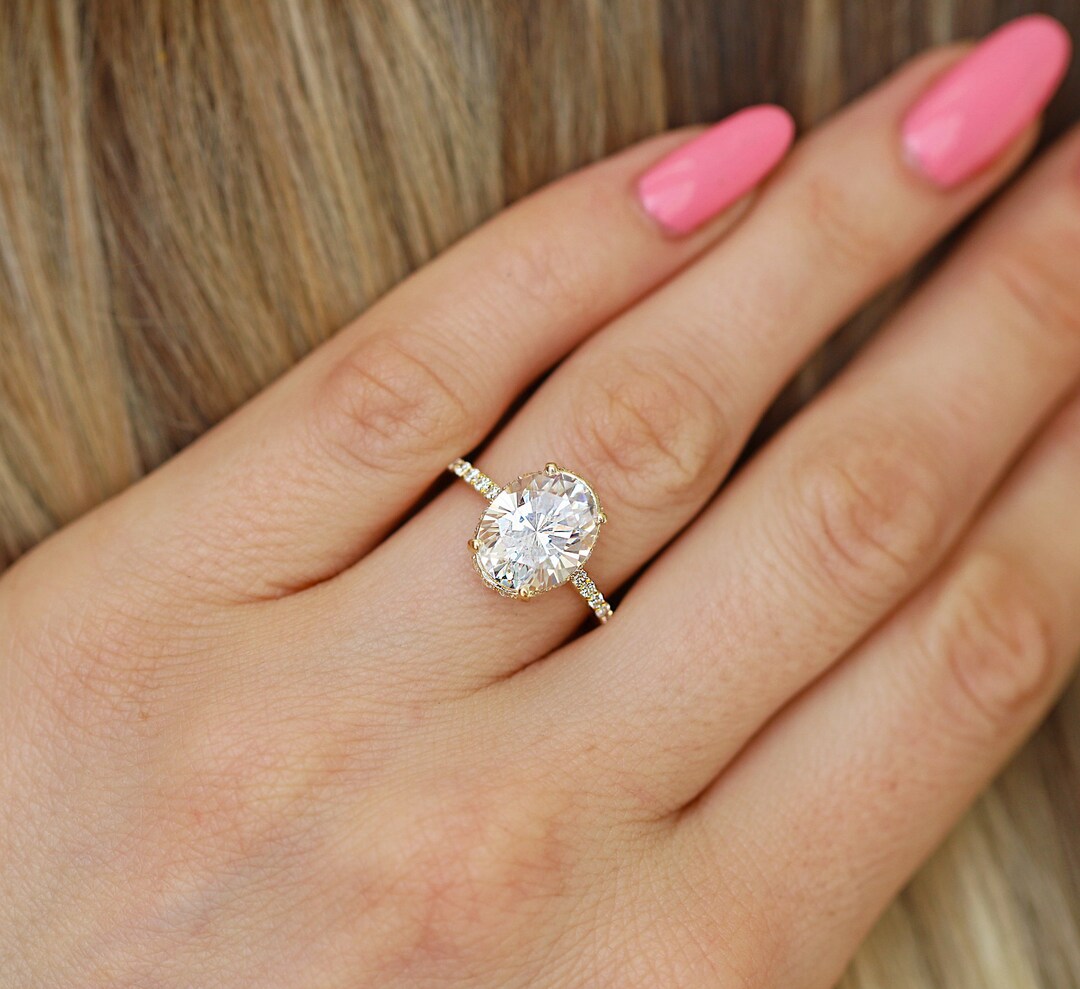 4 Carat Hidden Halo Oval Engagement Ring, Oval Wedding Ring 14K Solid ...
