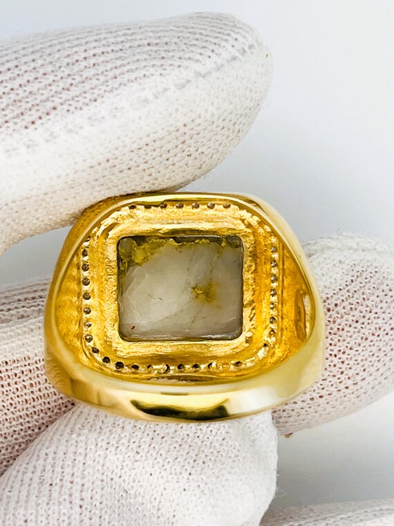 18k Gold in Quartz VS Diamond Signet Ring Gold Nugget… - Gem