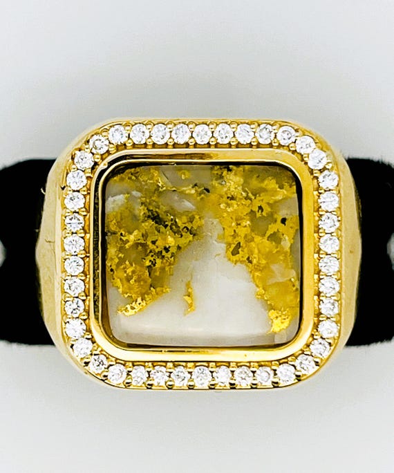 18k Gold in Quartz VS Diamond Signet Ring Gold Nugget… - Gem