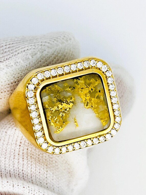 18k Gold in Quartz VS Diamond Signet Ring Gold Nugget… - Gem