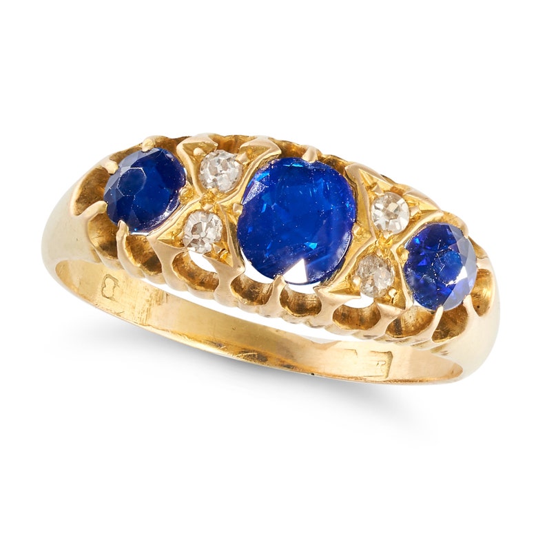 18k Gold SAPPHIRE & DIAMOND Ring Old Cut Diamonds Antique BEAUTIFUL See ...