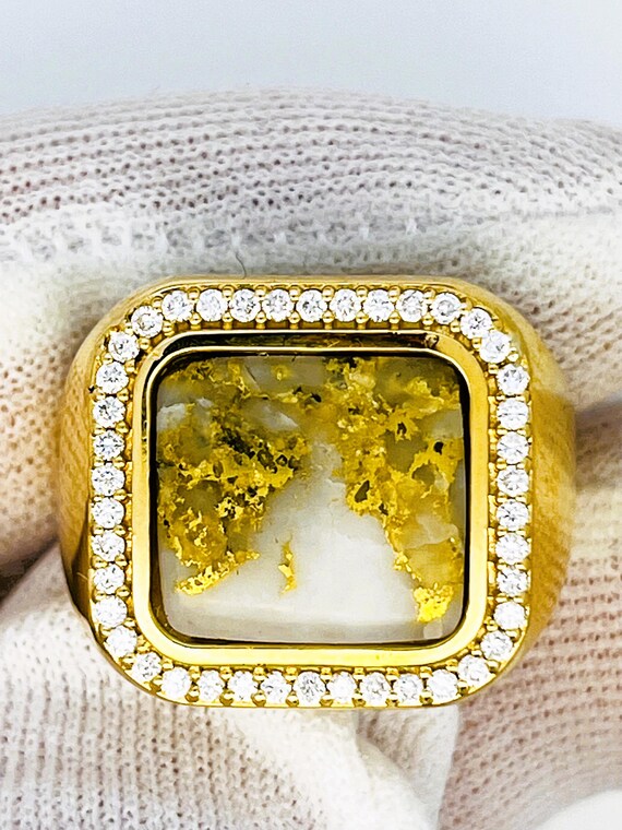 18k Gold in Quartz VS Diamond Signet Ring Gold Nugget… - Gem