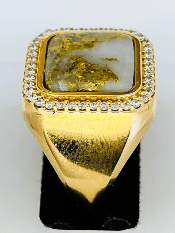 18k Gold in Quartz VS Diamond Signet Ring Gold Nugget… - Gem