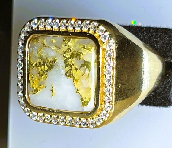 18k Gold in Quartz VS Diamond Signet Ring Gold Nugget… - Gem