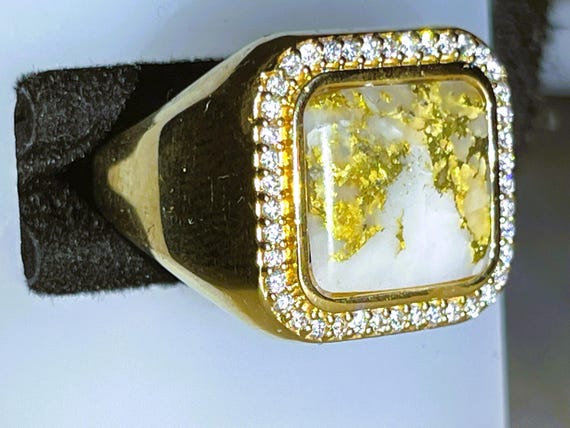 18k Gold in Quartz VS Diamond Signet Ring Gold Nugget… - Gem