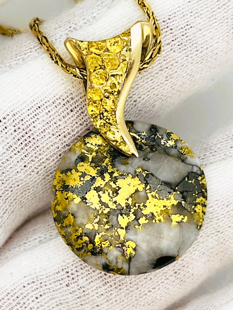 Rare Alaskan Gold in Quartz 14ct Solid Gold & 22ct Gold Nugget Pendant ...