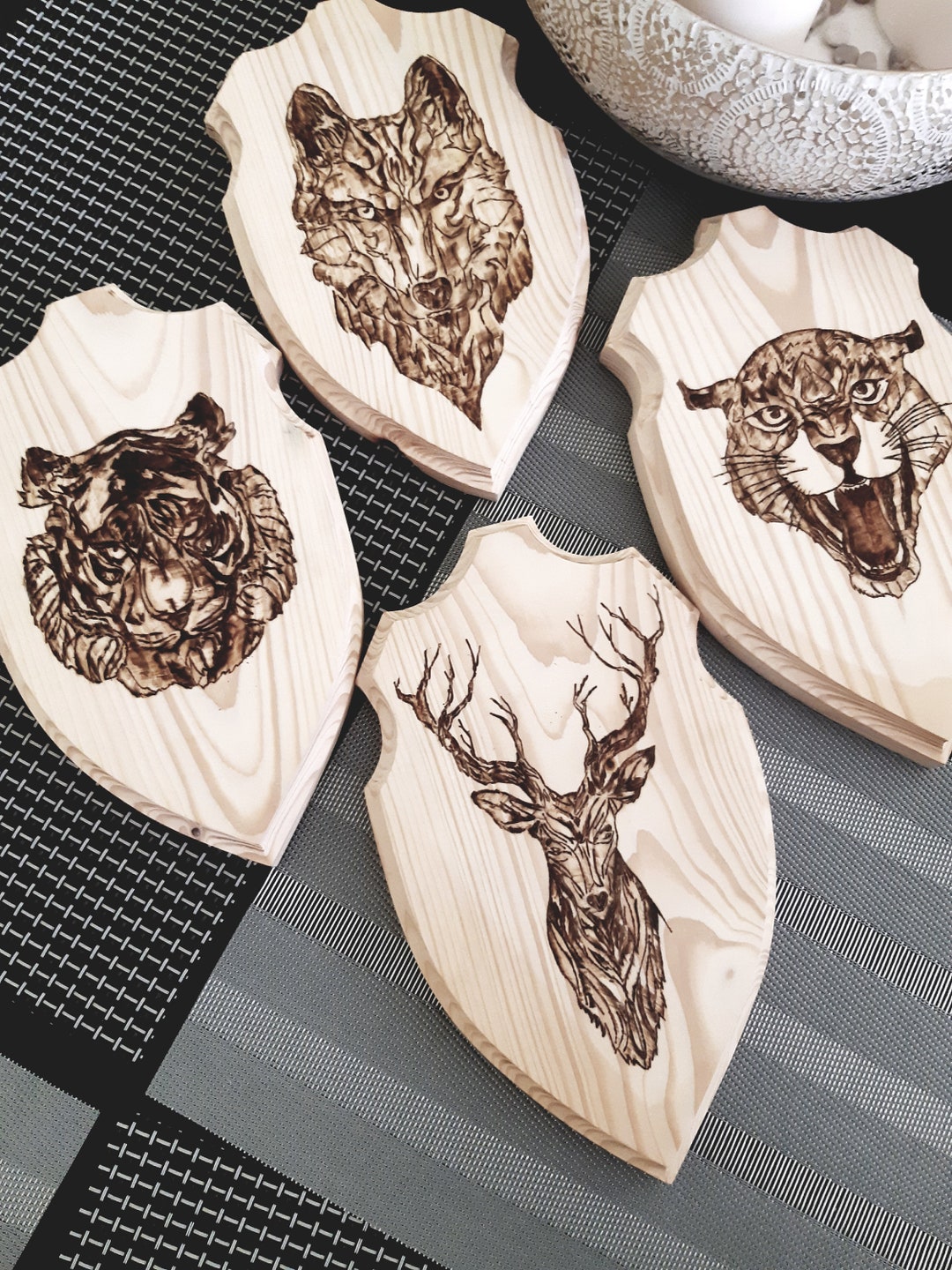 4psc Burnt Wooden Trophy Mount/ Wall Decor/ Hunting Trophy - Etsy