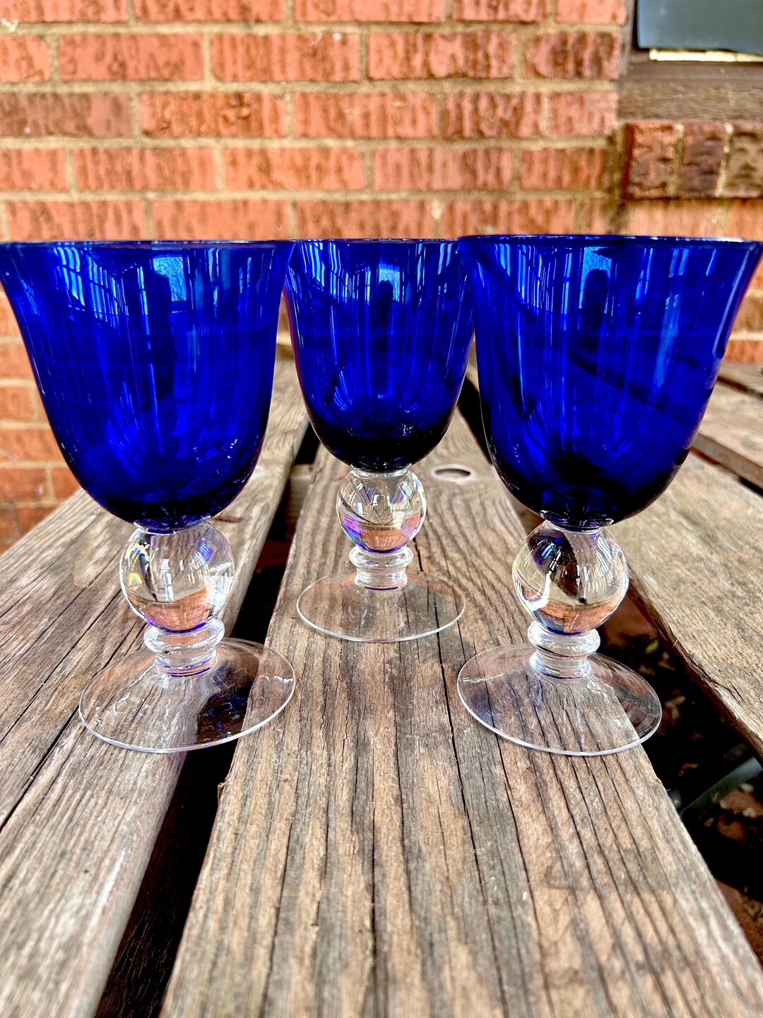 Set of 3 Cobalt Victorian Regal Blue Clear Ball Stem Wine Glass/water ...