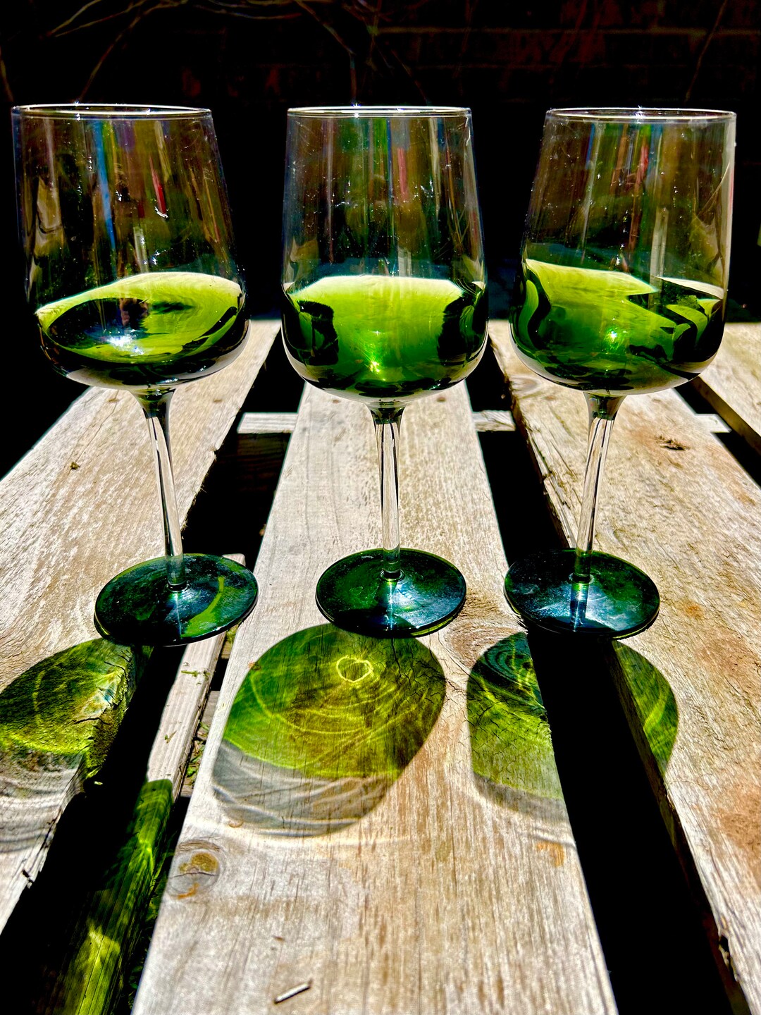 Elemental Green Water Goblets, Set of 3 Oversized Emerald and Clear Art ...