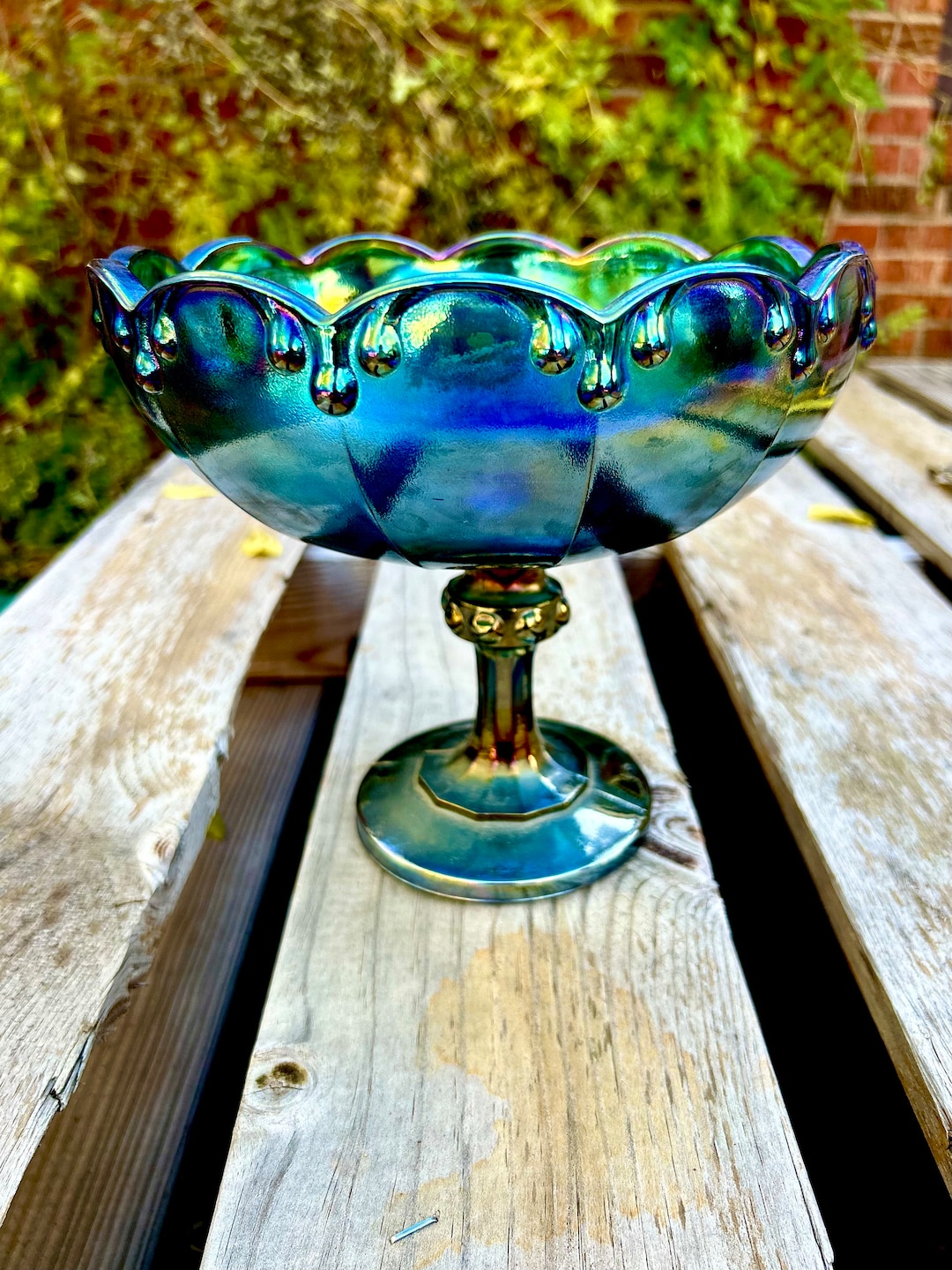 Blue Carnival Glass Compote