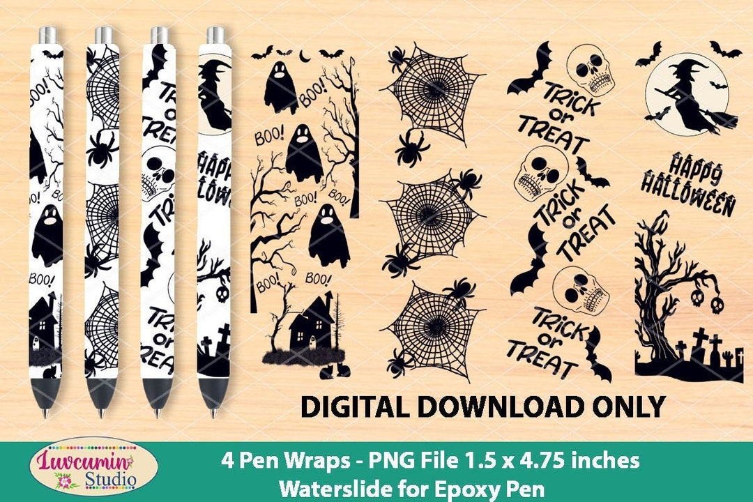 4 Clear Pen Wraps, Skull Witch Ghosts Bats Halloween Design, Waterslide ...