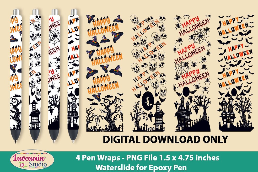 4 Clear Pen Wraps, Skull Witch Ghosts Bats Halloween Design, Waterslide ...