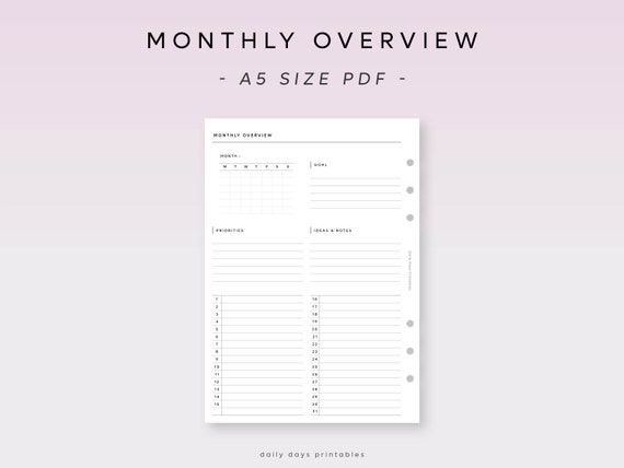 Undated Monthly Overview A5 Size Printable Monthly Planner | Etsy