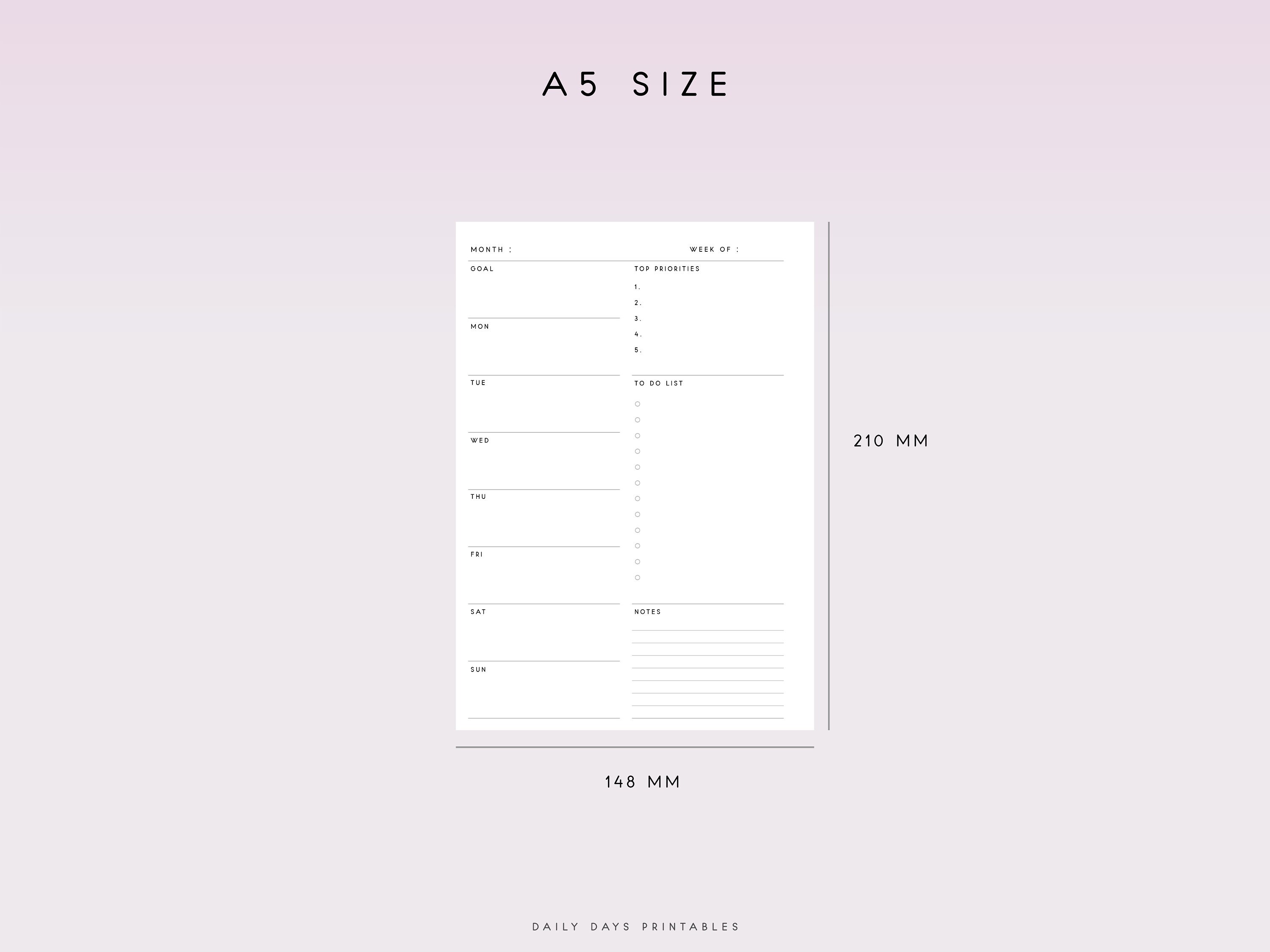 Undated Weekly Planner A5 Printable Weekly Planner Inserts A5 Printable ...