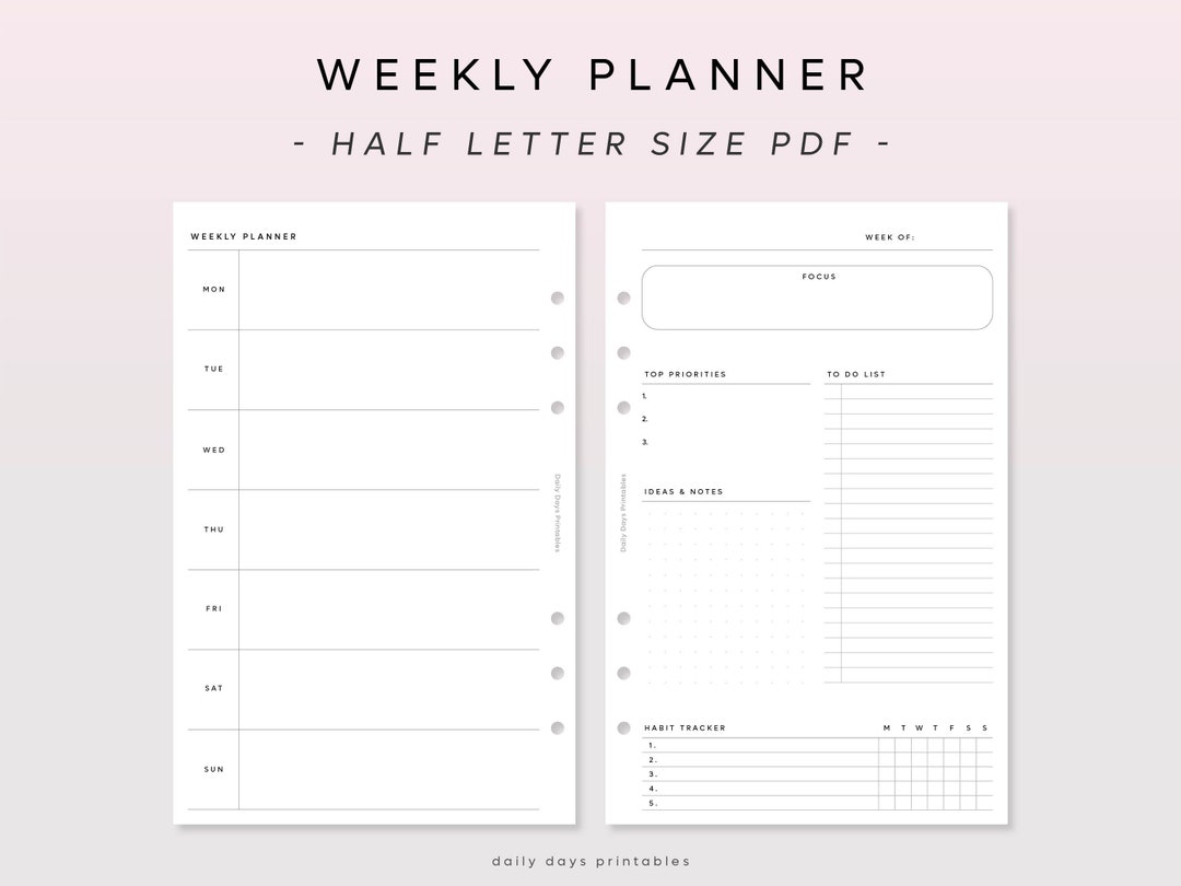 Printable Weekly Planner Half Letter Size | Weekly Planner Inserts Half ...