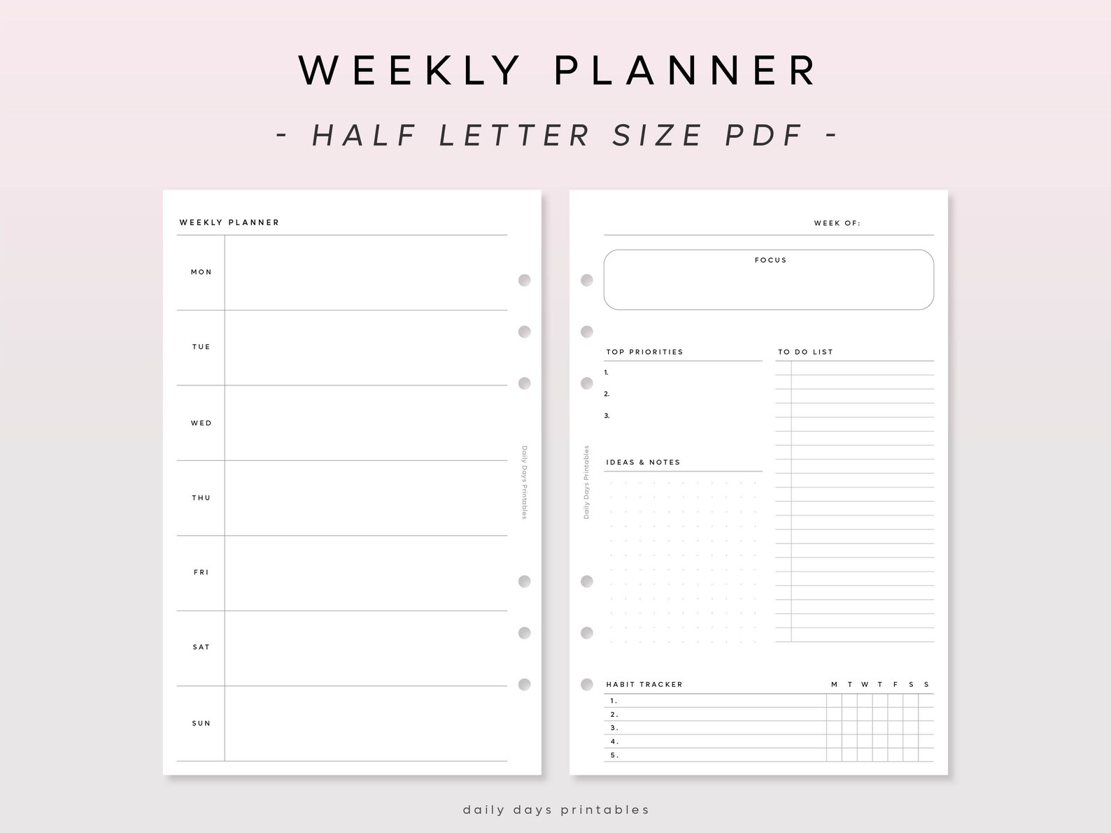 Printable Weekly Planner Half Letter Size | Weekly Planner Inserts Half ...