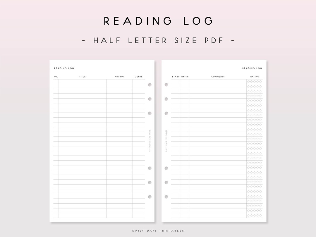 Printable Reading Log Half Letter Reading List Planner Insert Half ...