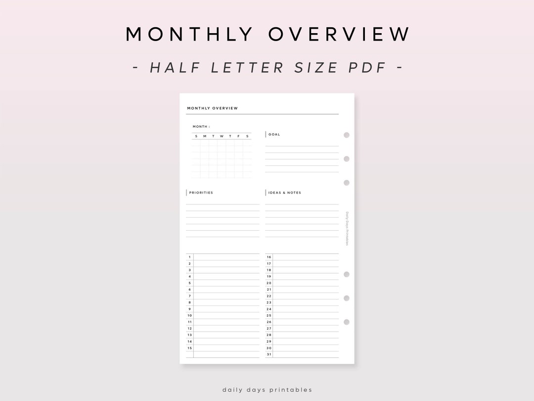 Undated Monthly Overview Half Letter Printable Planner Inserts Half PDF ...