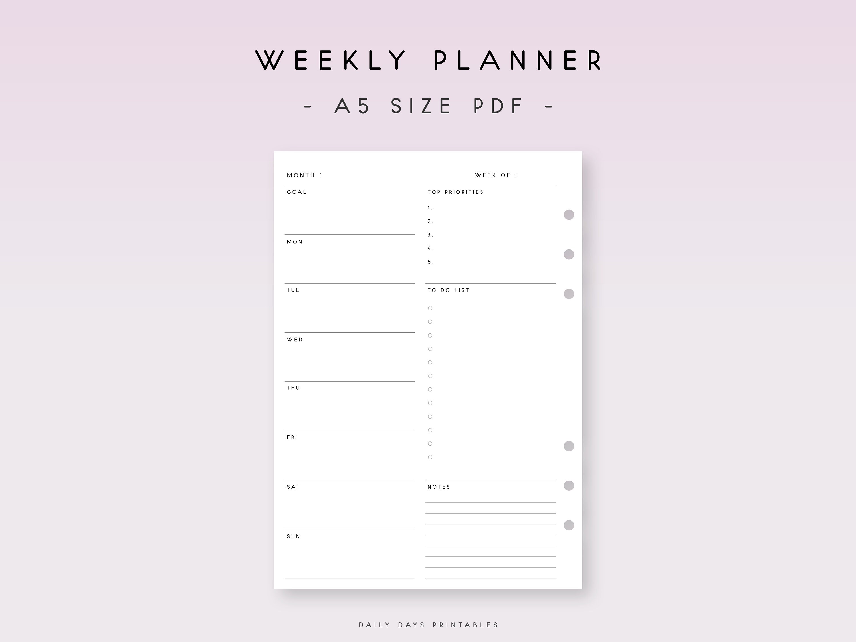 Undated Weekly Planner A5 Printable Weekly Planner Inserts A5 Printable ...
