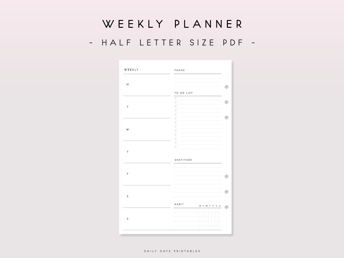 Undated Weekly Planner Half Printable Inserts Half Letter Week on One ...