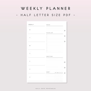 Undated Weekly Planner Half Printable Inserts Half Letter Week on One ...