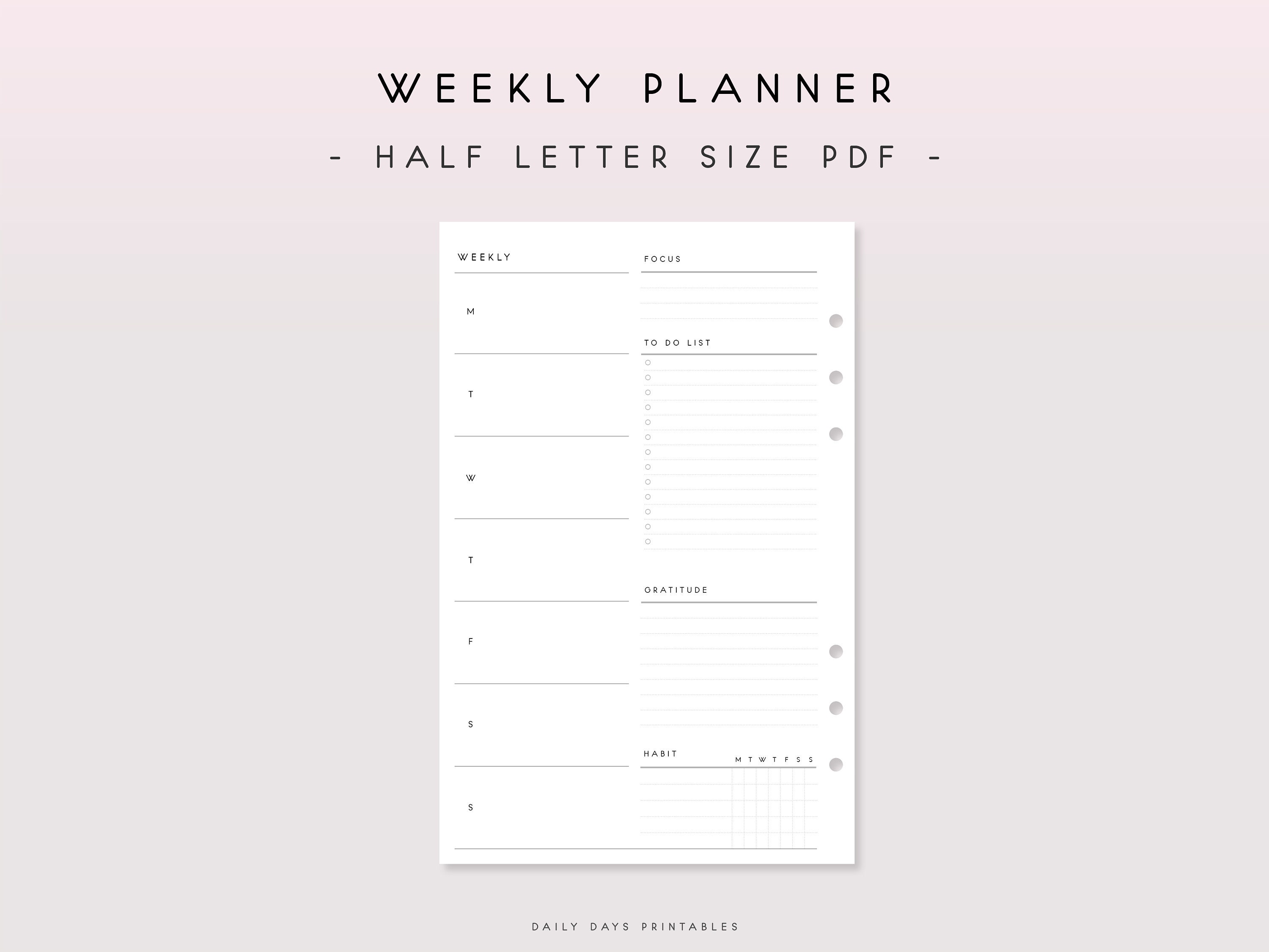 Undated Weekly Planner Half Printable Inserts Half Letter Week on One ...