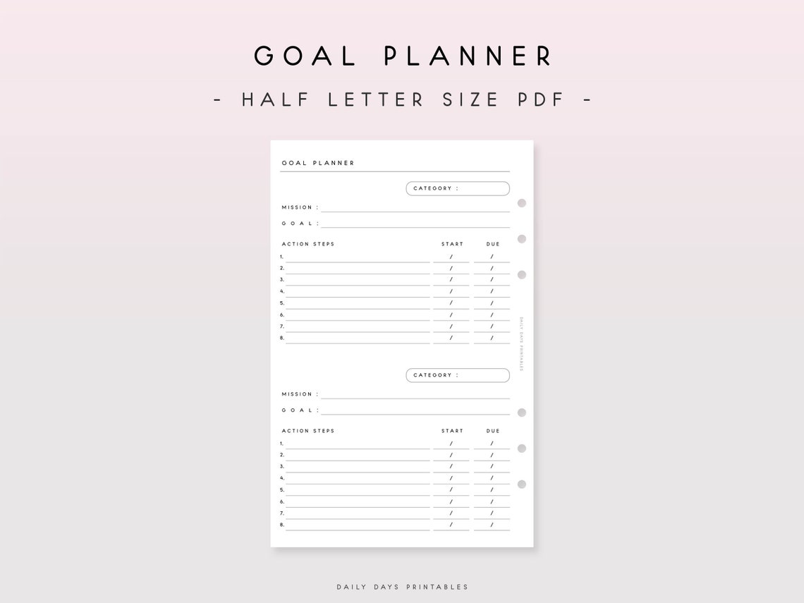 Printable Goal Planner on One Page Half Letter Goal Setting - Etsy