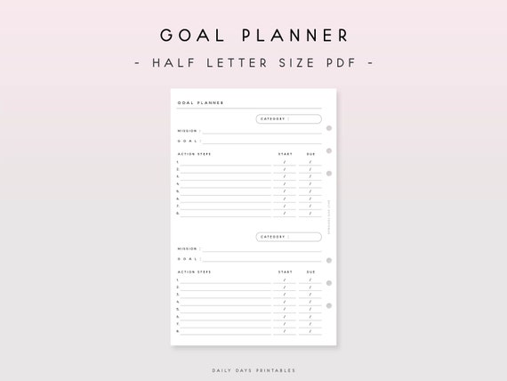 Printable Goal Planner on One Page Half Letter Goal Setting | Etsy