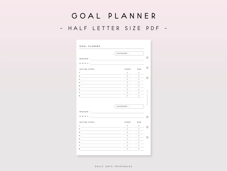 Printable Goal Planner on One Page Half Letter Goal Setting - Etsy