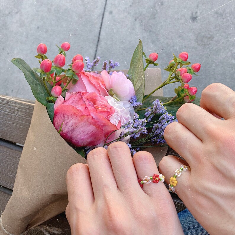 Flower Beaded Ring Daisy Ring Stackable Ring Elastic Ring - Etsy