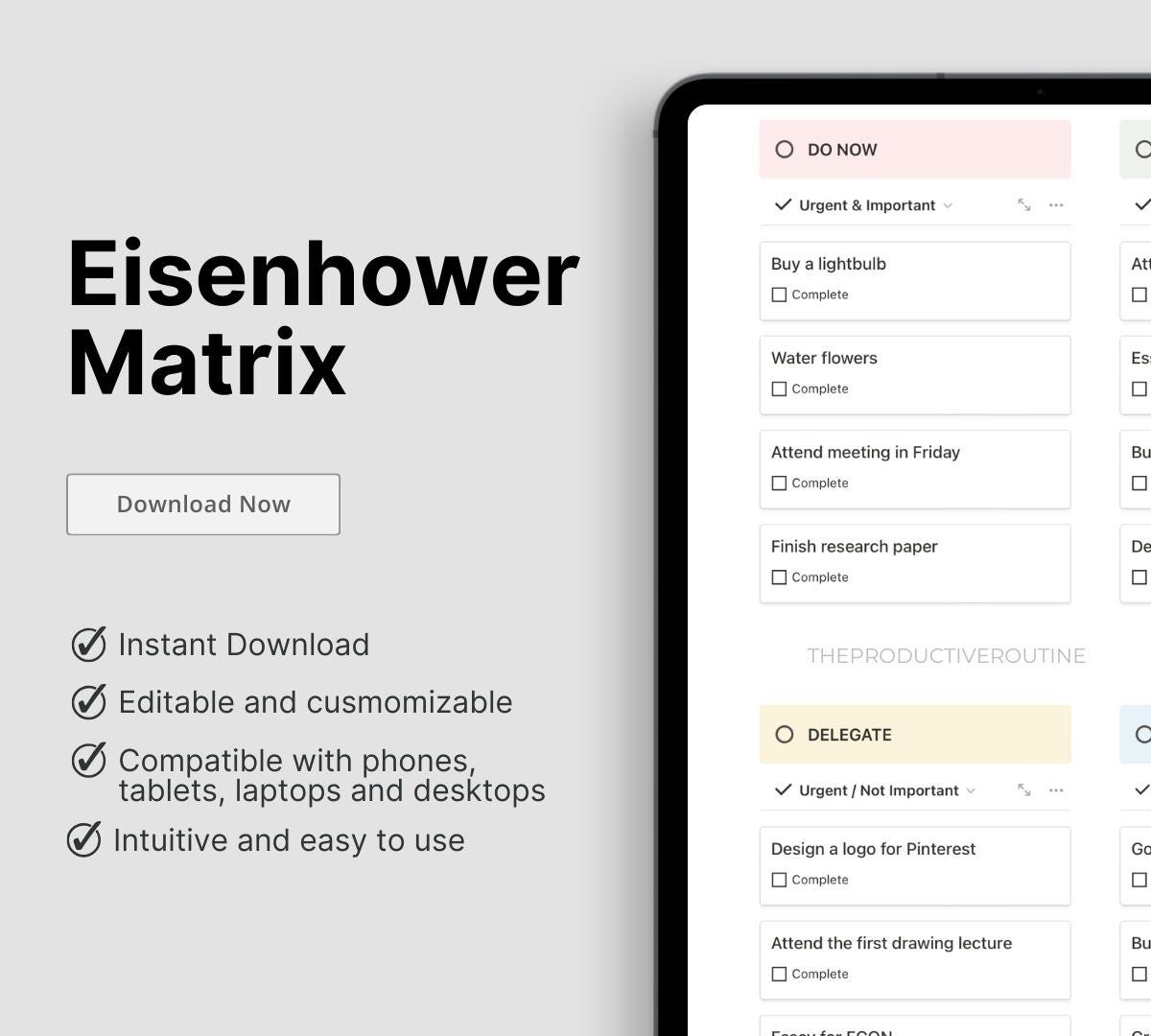 Minimalistic Eisenhower Matrix Notion Template, Task Management ...
